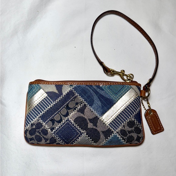 Coach | Bags | Coach Denim Patchwork Wristlet With Leather Strap And ...